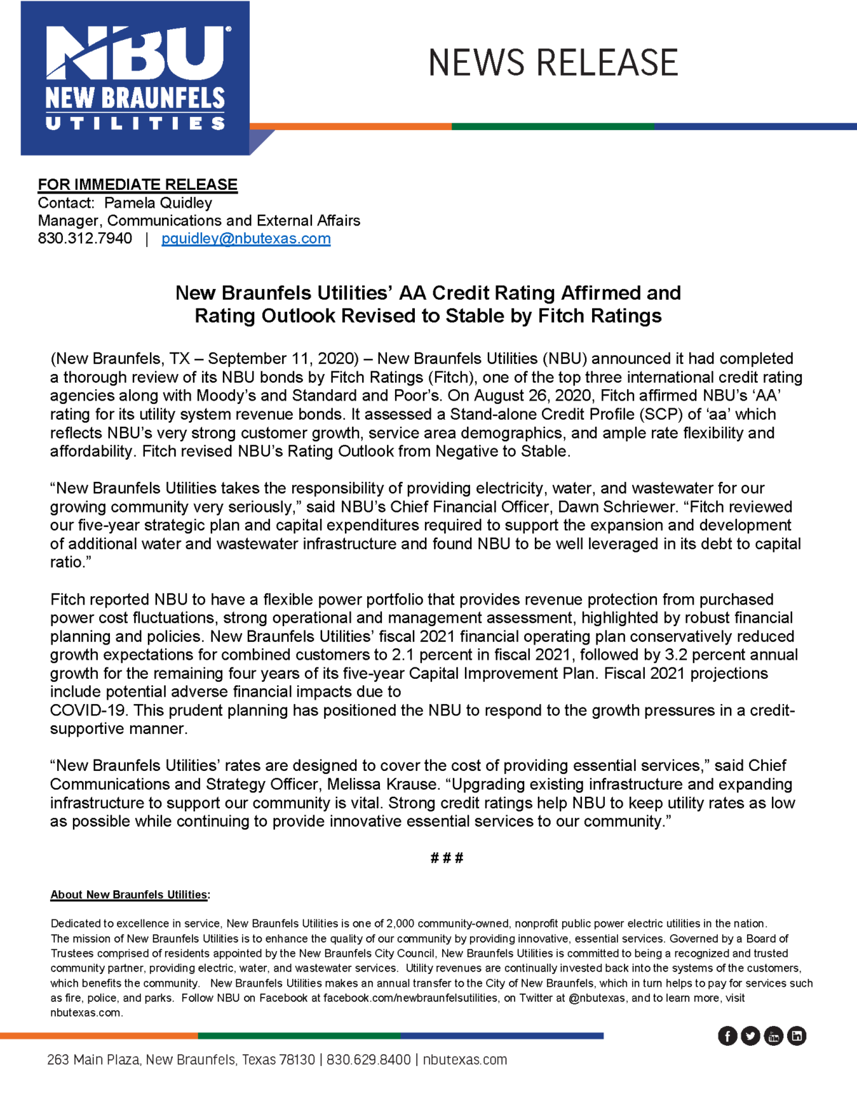 New Braunfels Utilities' AA Credit Rating Affirmed and Rating Outlook ...